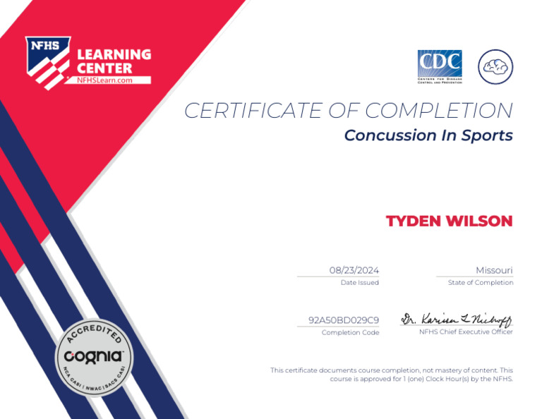 Certificate of Completion: Concussion in Sports | PDF