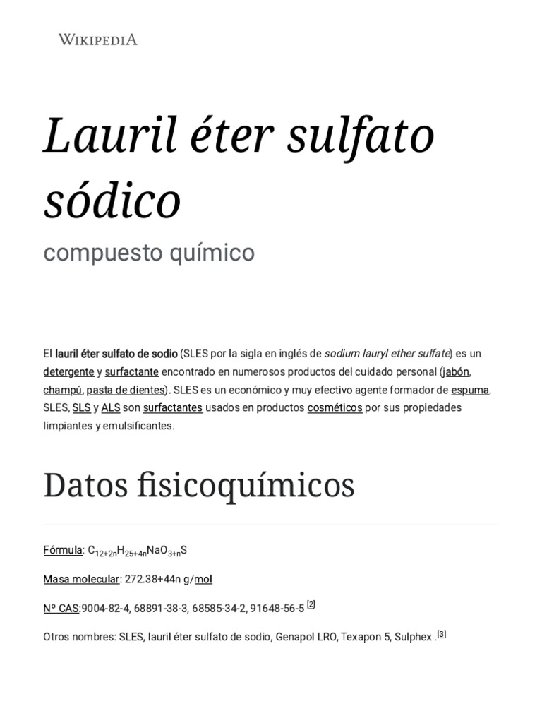Lauril Éter Sulfato Sódico - Wikipedia, La Enciclopedia Libre | PDF