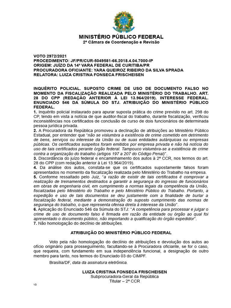 VOTO 2972.2021 - Uso Doc Falso MTE Federal 9581 | PDF