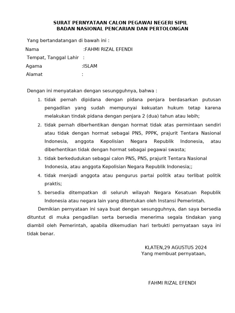 Lampiran 2. Format Surat Pernyataan 5 Poin (Untuk Seluruh Pelamar) Fahmi | PDF
