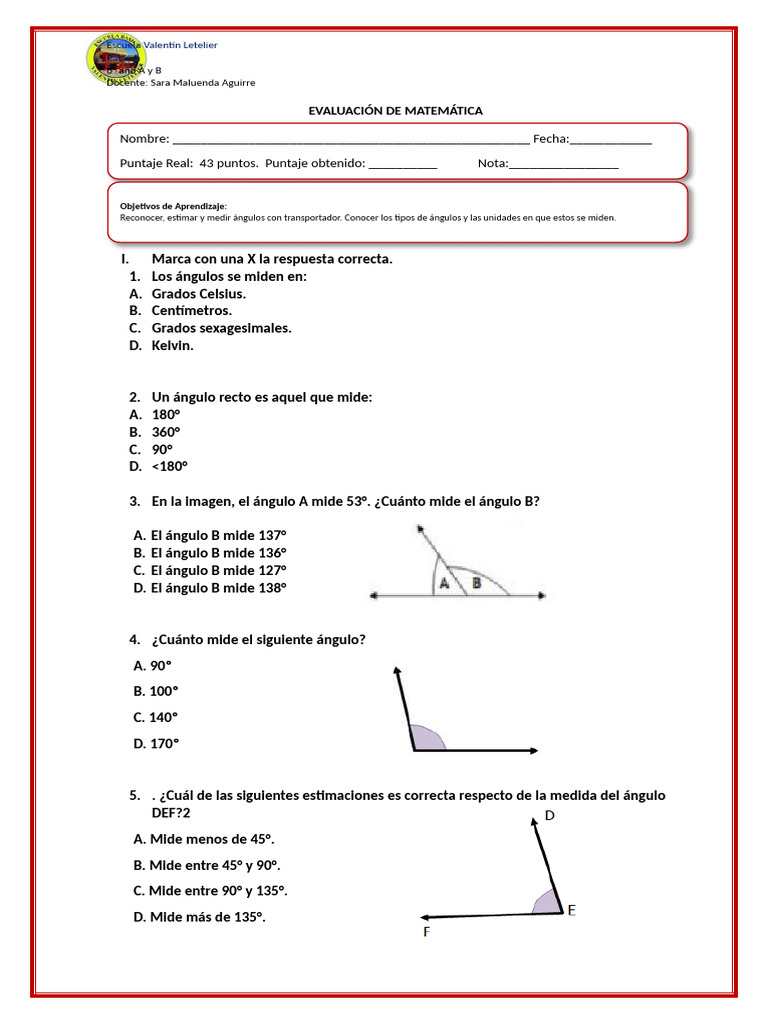 Evaluación de Matemática Angulos | PDF