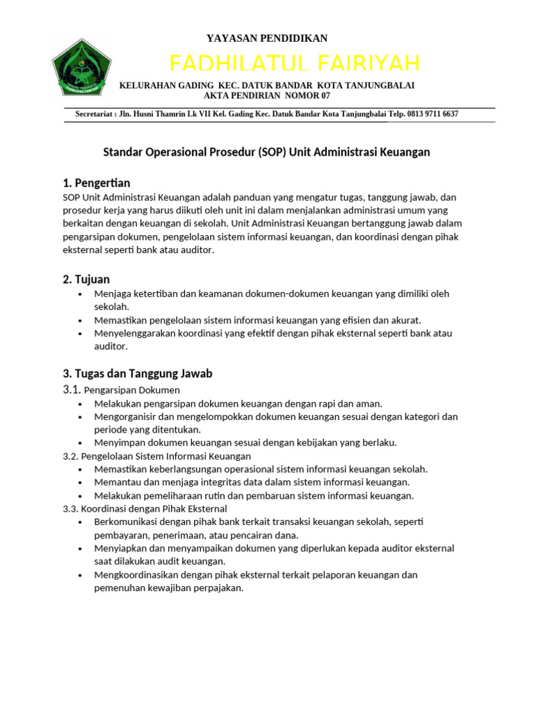 SOP Unit Administrasi Keuangan Mi | PDF