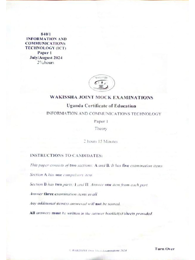 Wakissha Joint Mocks Examinations Uce 8401 Ict Past Paper 2024 | PDF