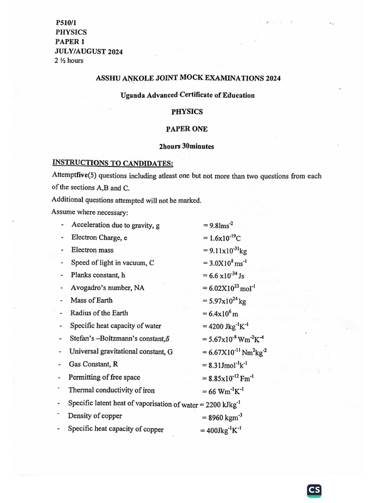 Asshu Ankole Joint Mock Examination Uace 5101 Physics Past Paper 2024 | PDF