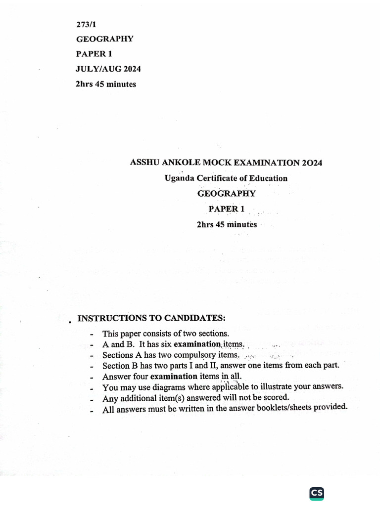 Asshu Ankole Joint Mock Examination Uce 2711 Geography Past Paper 2024 ...