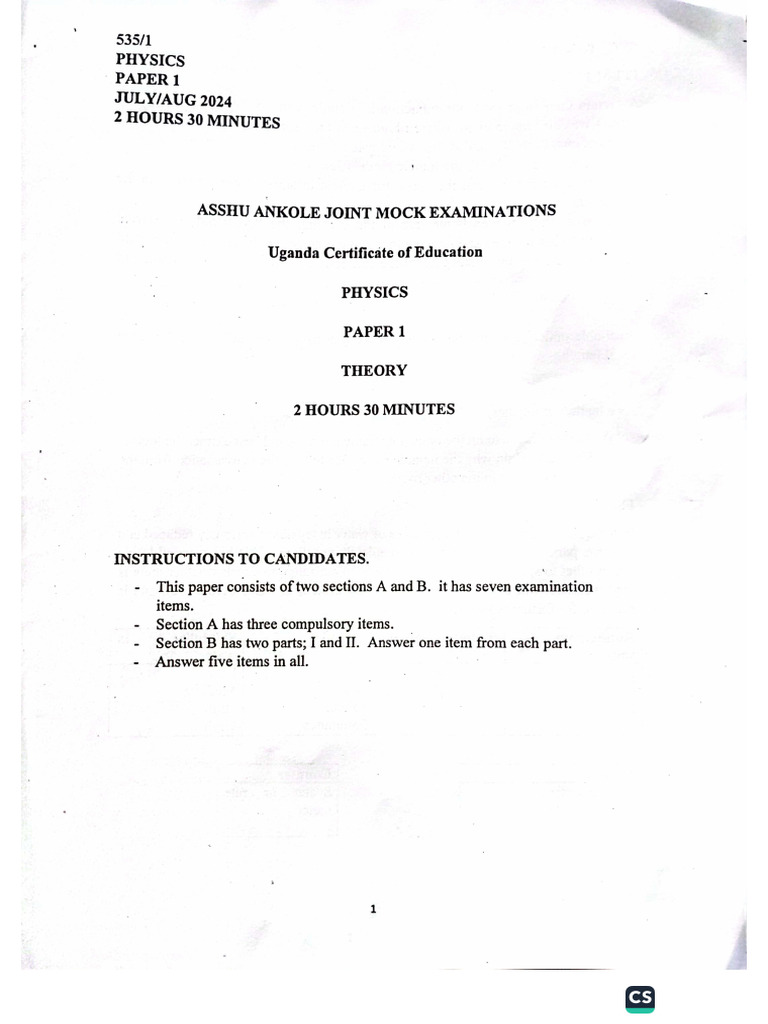 Asshu Ankole Joint Mock Examination Uce 5351 Physics Theory Past Paper 2024 | PDF
