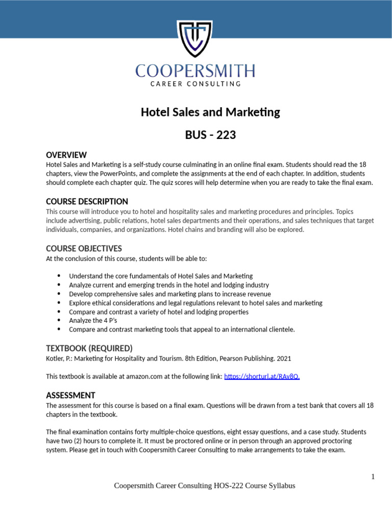 Hotel Sales and Marketing Syllabus - Edited | PDF