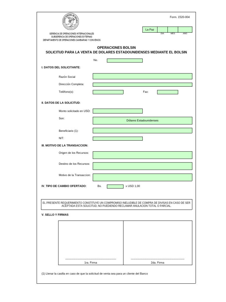 Form 1520-004 Solicitud Venta Dolares Estadounidenses Mediante Bolsin | PDF