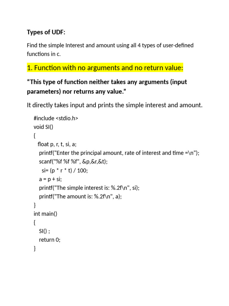 4 Types of UDF in C of Simple Interest | PDF