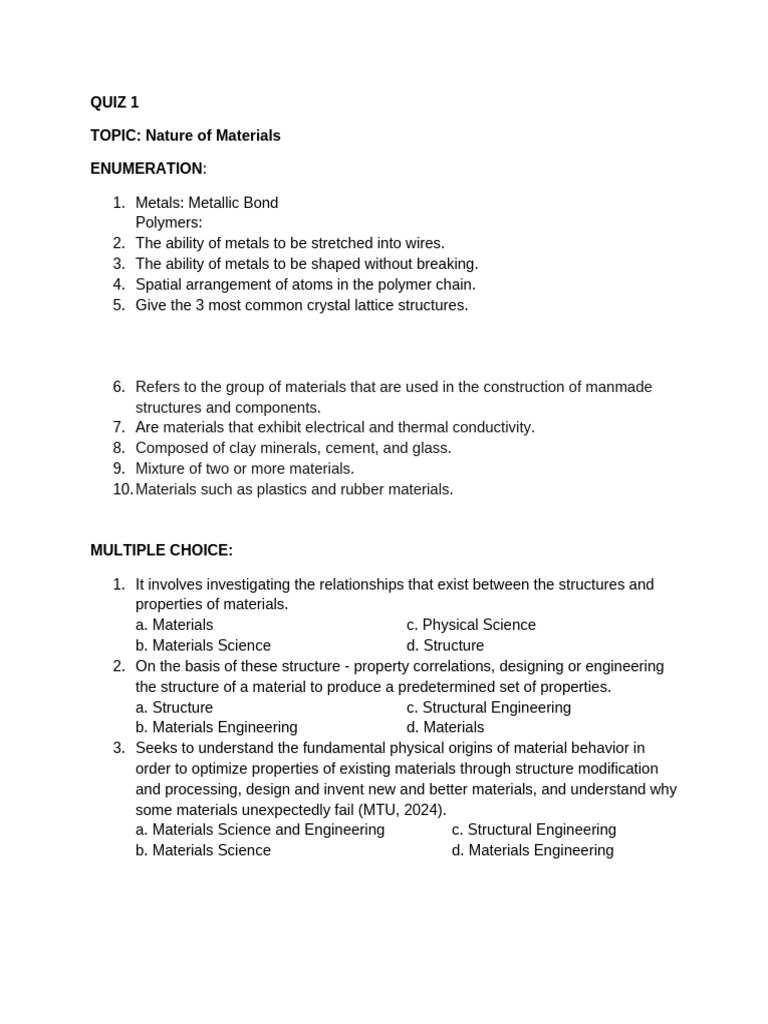 Material Science Quiz 1 No Answer | PDF