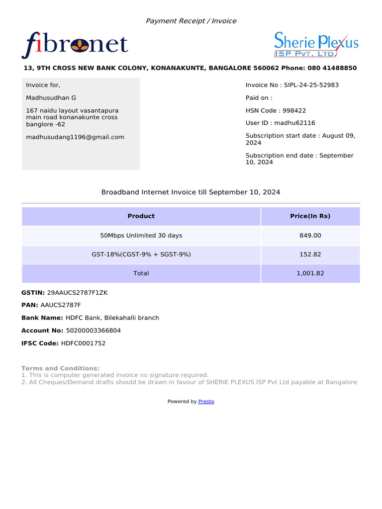 Broadband Invoice Receipt for Madhusudhan | PDF