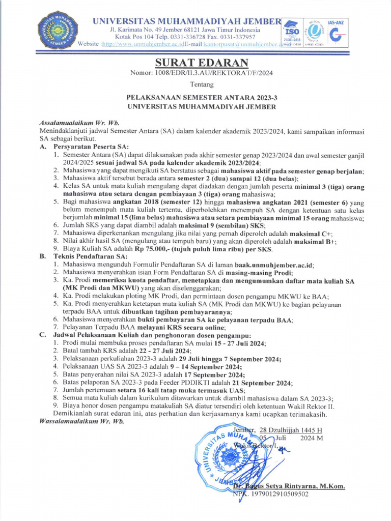 1008 - Surat Edaran Pelaksanaan Semester Antara 2023-3 | PDF 1008 - Surat Edaran Pelaksanaan Semester Antara 2023-3 | PDF