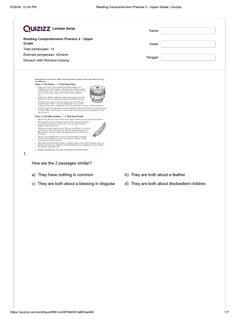 Reading Comprehension Upper Grade - 1 | PDF