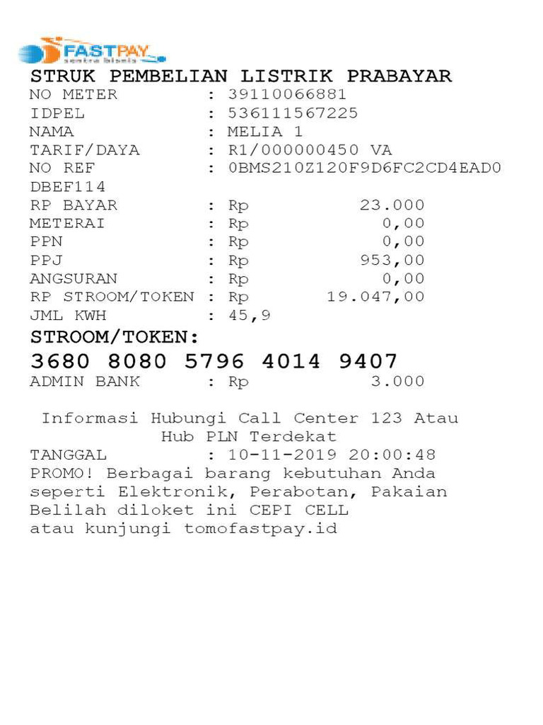 Contoh Struk Token Listrik 12 | PDF