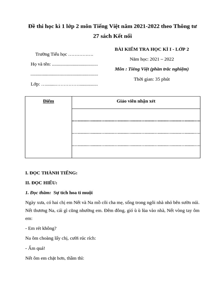 De Thi Hoc Ki 1 Lop 2 Mon Tieng Viet Theo Thong Tu 27 Sach KN de 2 | PDF