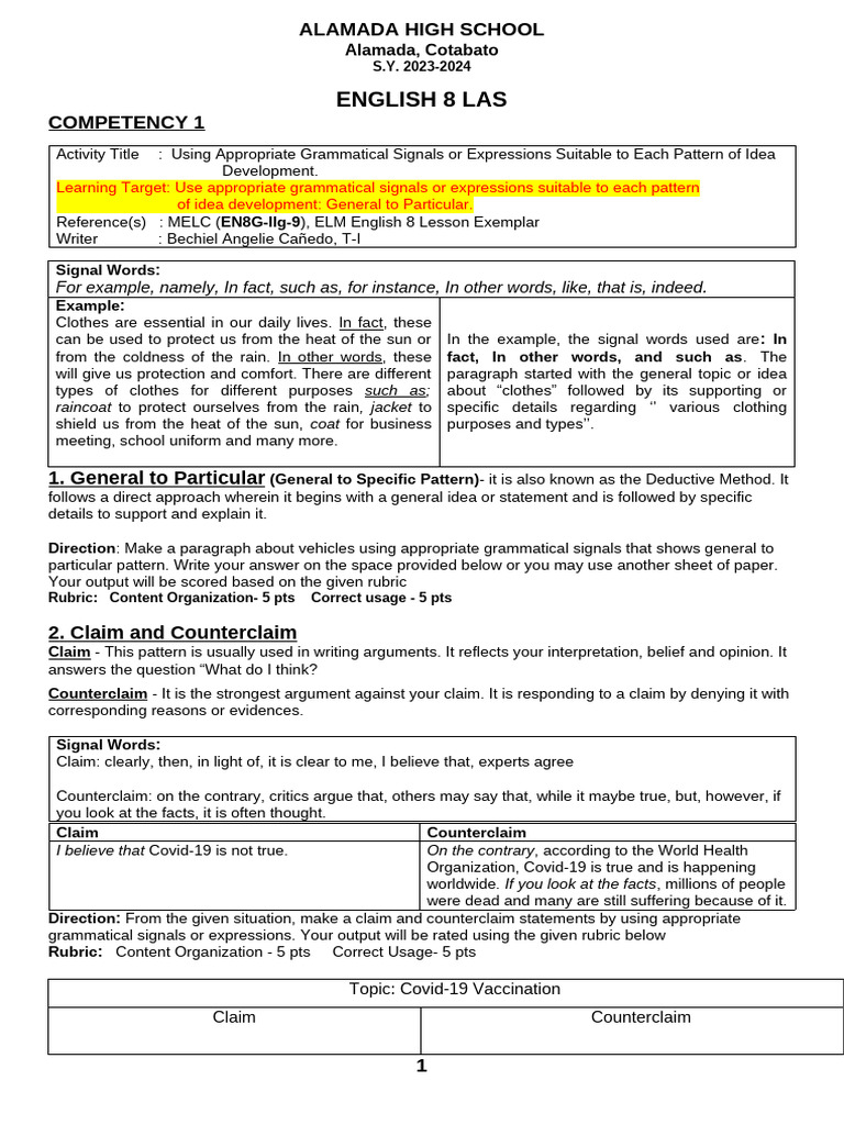 ENG8 - Q4W Lessons Competecies 1 5 | PDF