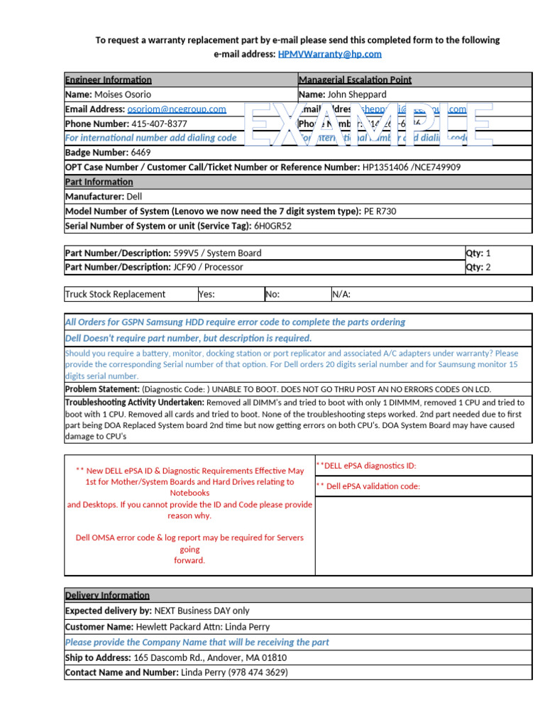Dell Gen13 Warranty Replacement Claim Form Example | PDF