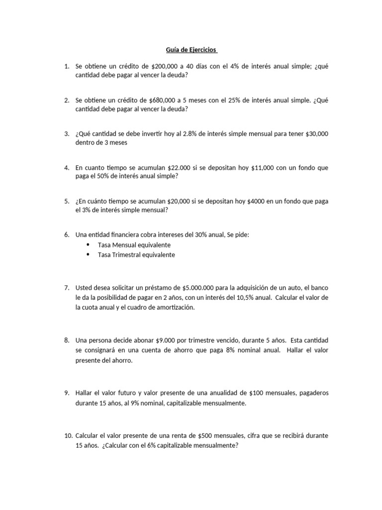 Guía de Ejercicios Finanzas, Tipos de Interes | PDF