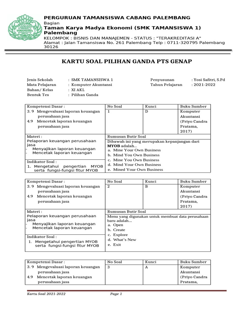 Kartu Soal PTS Ganjil 2021-2022 | PDF