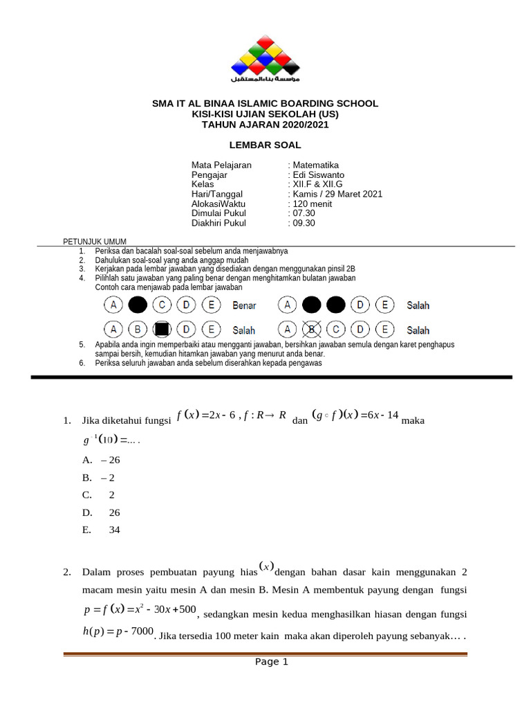 Kisi - Kisi Soal Us Kelas Xii 2020-2021 | PDF