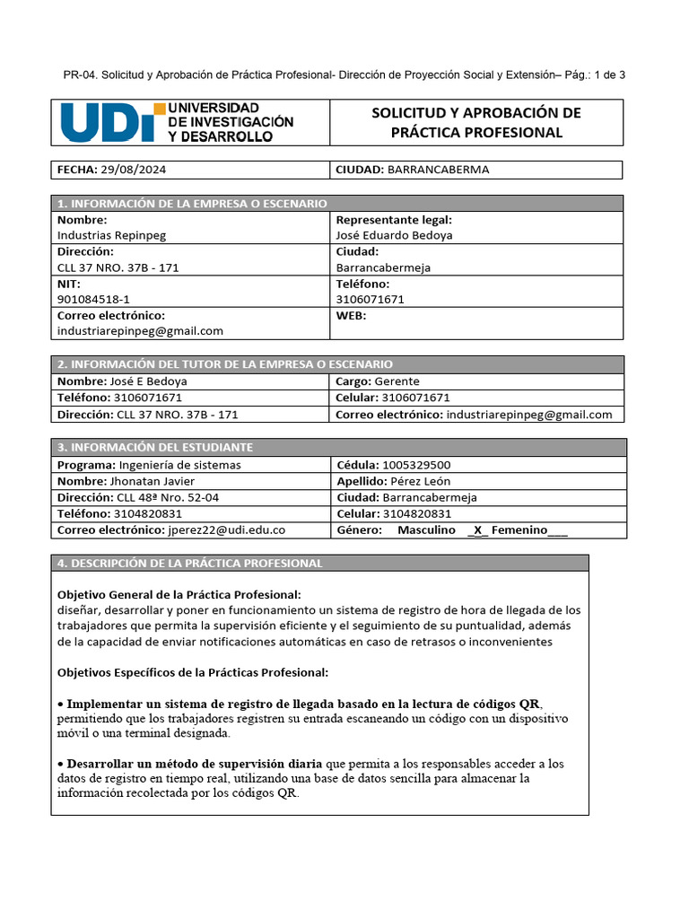 PR-04-Formato-de-solicitud-y-aprobacion-de-Practica-Profesional Jhonatan Javier Perez Leon | PDF
