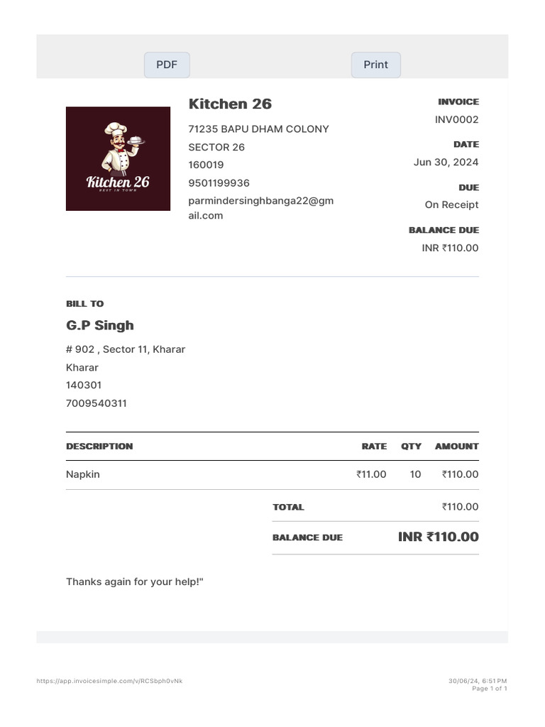 Kitchen 26 - Invoice INV0002 | PDF