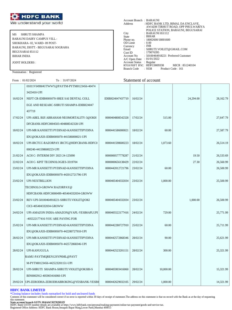 Statement of Account: HDFC Bank Limited | PDF
