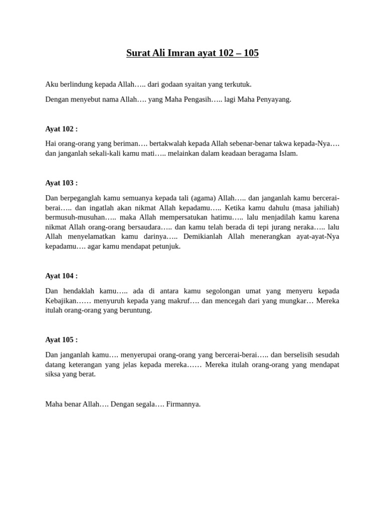Arti Surat Ali-Imran Ayat 102-105 | PDF