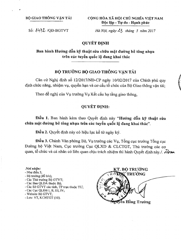 QD 1472-QD-BGTVT Ban Hanh Huong Dan Ky Thuat Sua Chua Mat Duong Be Tong Nhua | PDF