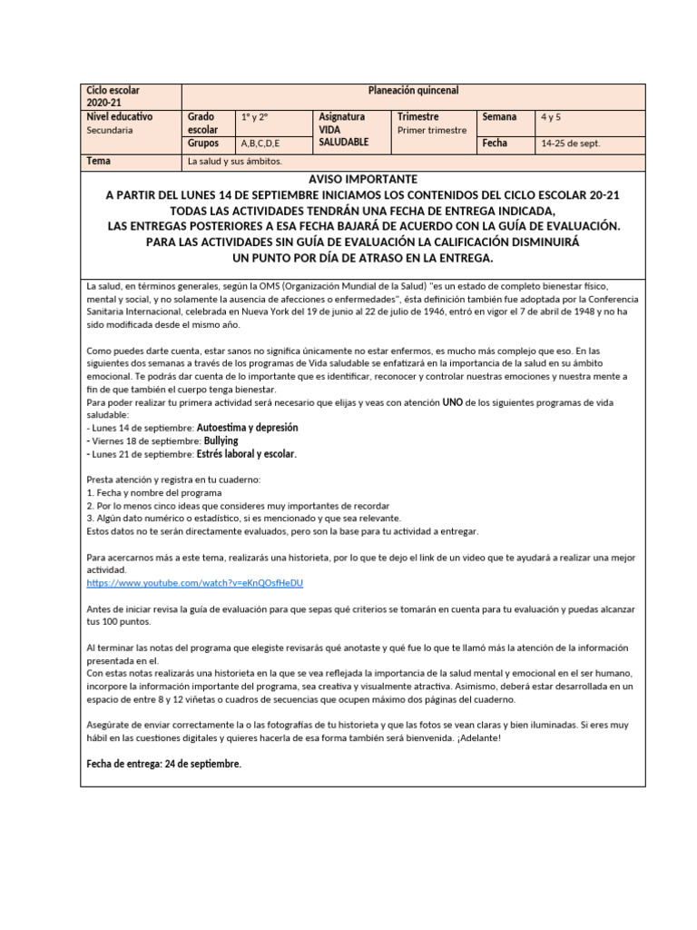 Vida Saludable 1Â° y 2Â° Semana 4 y 5 (1 | PDF