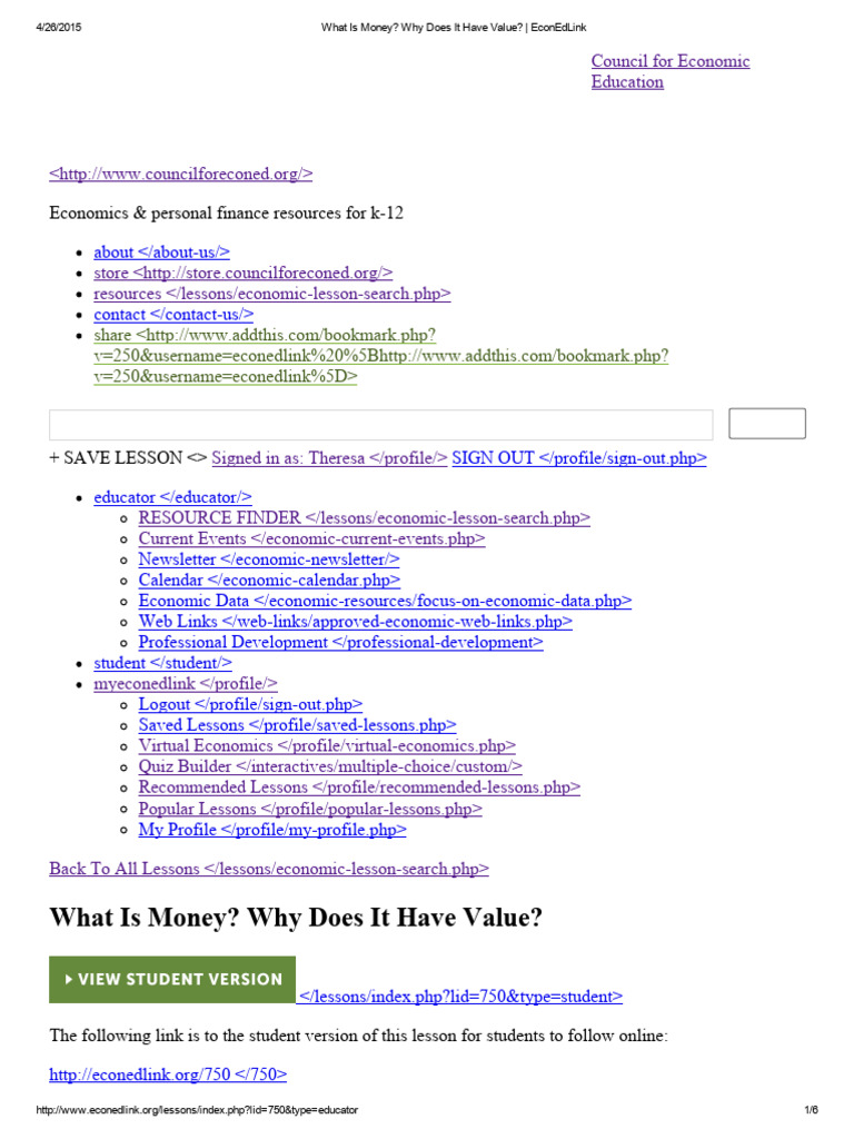 What Is Money Why Does It Have Value EconEdLink | PDF