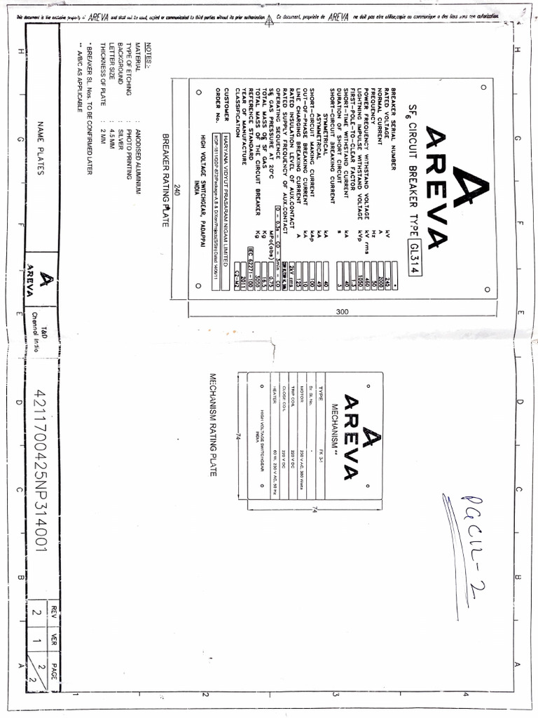 Areva 220KV SF6 Breaker SL Drawing2011 | PDF