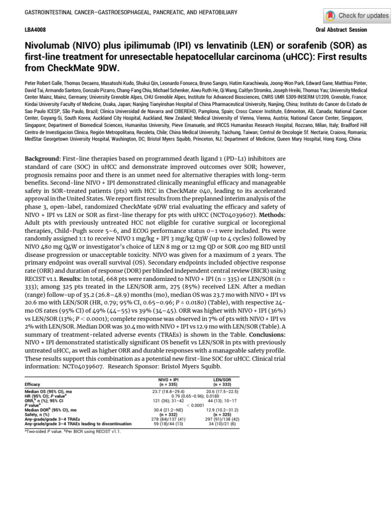 Galle Et Al 2024 Nivolumab (Nivo) Plus Ipilimumab (Ipi) Vs Lenvatinib (Len) or Sorafenib (Sor ...