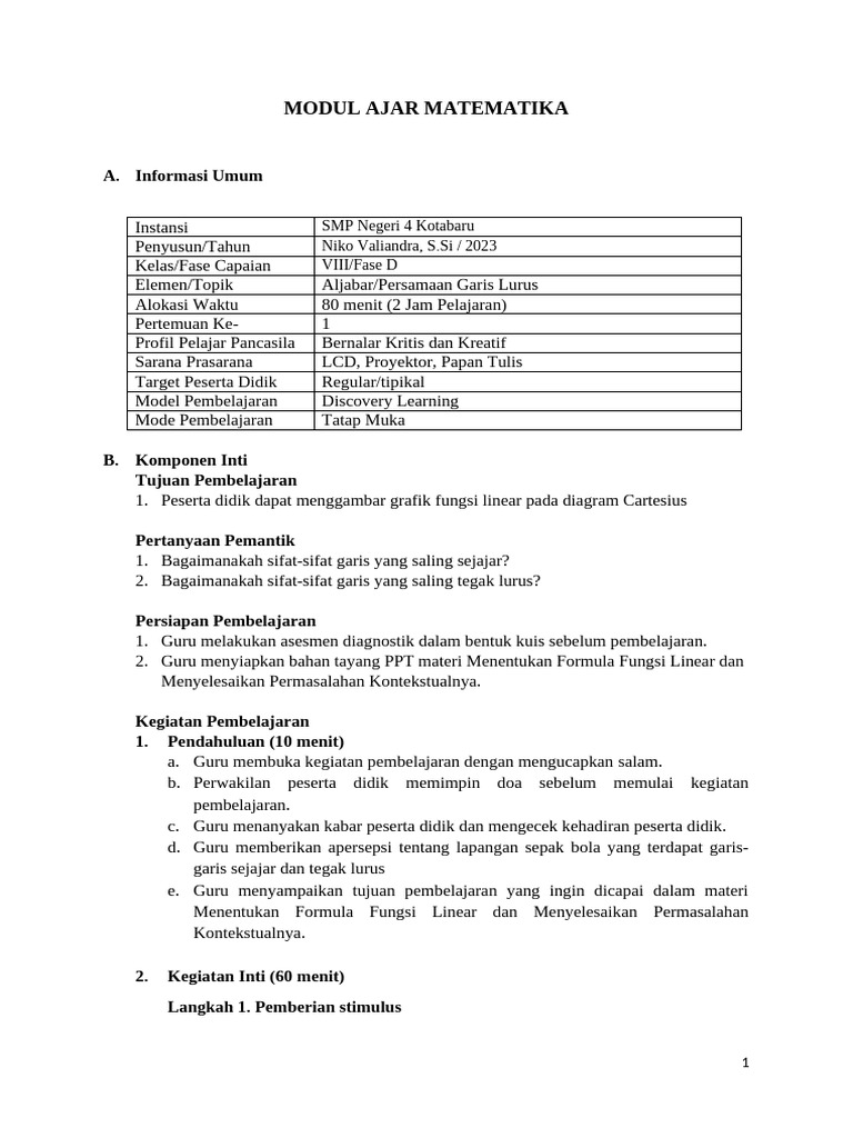 Modul Ajar Matematika SMP Kelas VIII Fungsi Linear | PDF