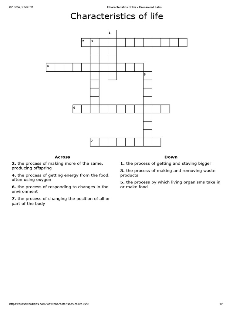 Characteristics of Life - Crossword Labs | PDF
