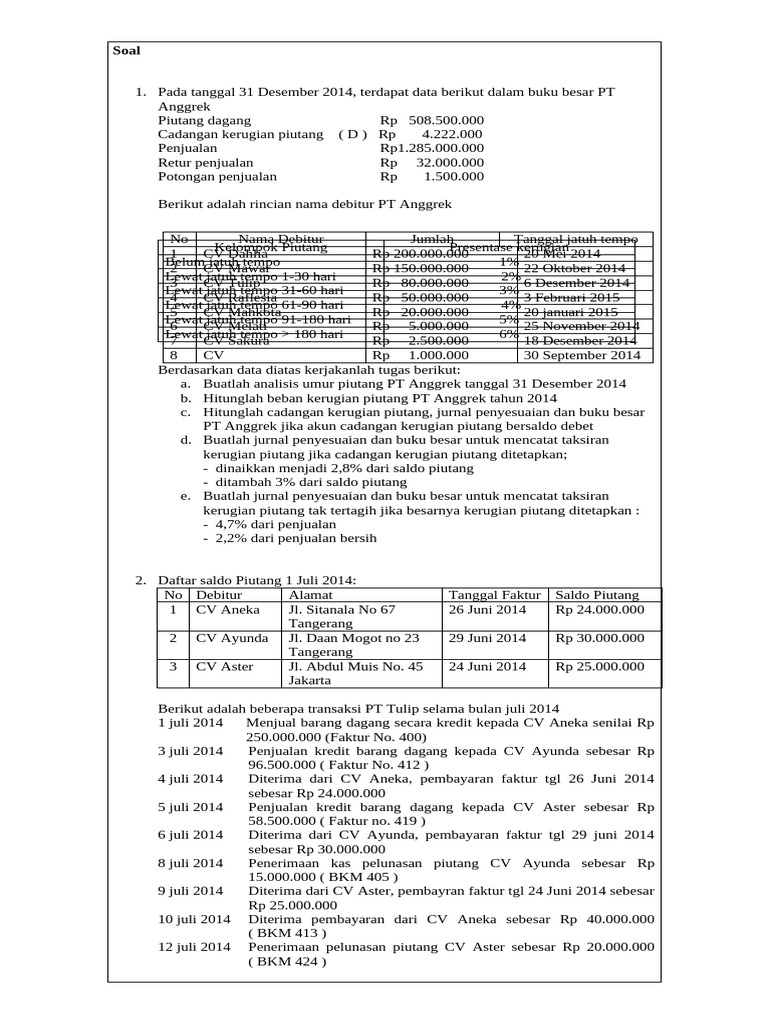 Soal Dan Format Jawaban Kartu Piutang & Analisis Umur Piutang | PDF