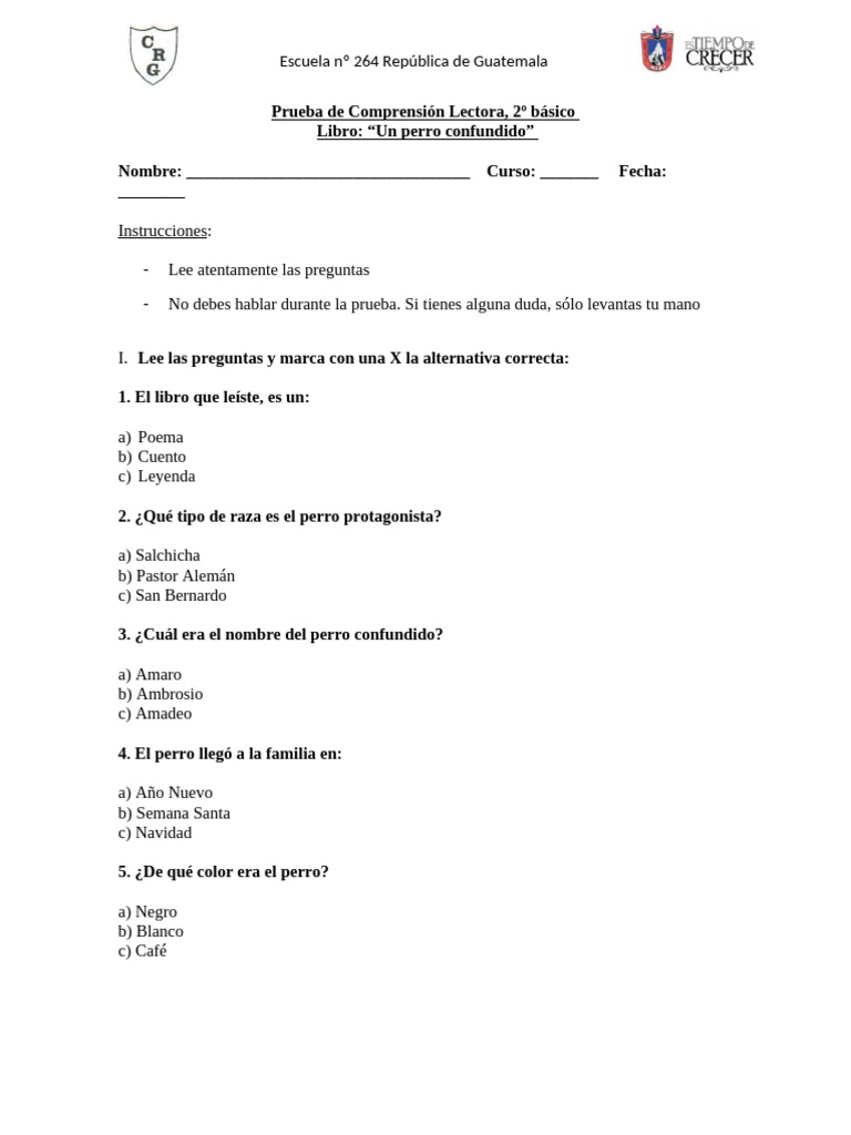 Prueba de Comprensión Lectora Libro Un Perro Confundido | PDF