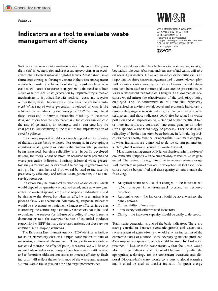 (2014) Indicators As A Tool To Evaluate Waste Management Efficiency | PDF