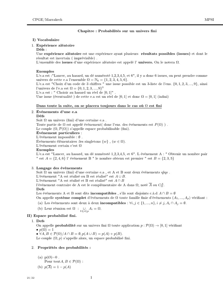 Cours Proba Univers Fini | PDF