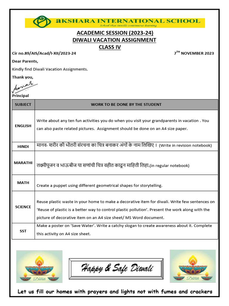 Ais-89 Class 4 - Diwali Assignment | PDF