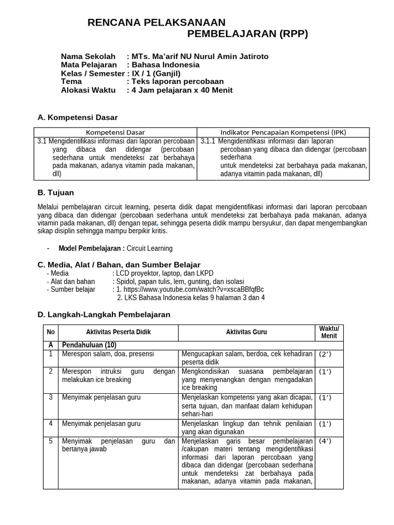 Rencana Pelaksanaan Pembelajaran (RPP) : No Aktivitas Peserta Didik ...
