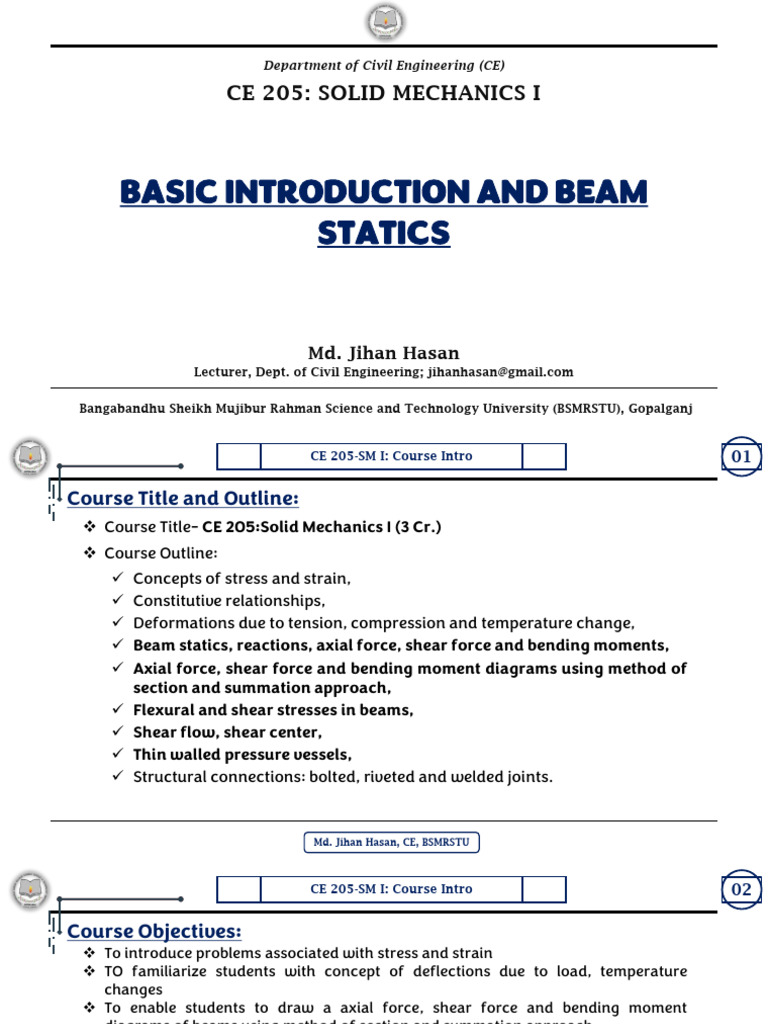 CE 205_SM-I_Lecture Note 01_Basic Intro&Beam Statics | PDF CE 205_SM-I_Lecture Note 01_Basic Intro&Beam Statics | PDF