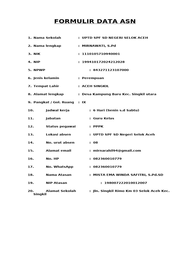 FORMULIR DATA ASN GURU UPTD SPF SMPN 1 Singkil Utara | PDF