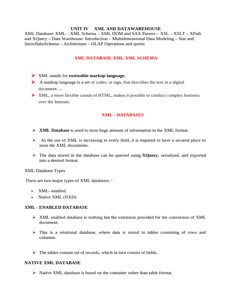 Unit-Iv XML and Datawarehouse | PDF | Xslt | Computers