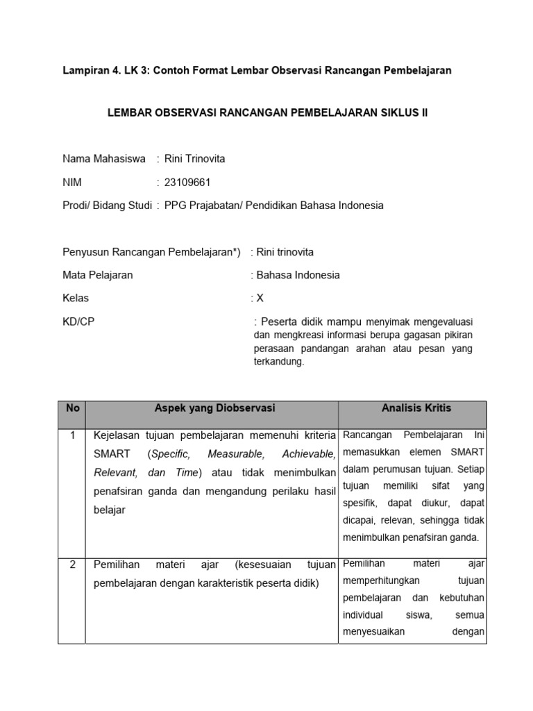 01.05.6-B4-8 Unggah LK 3 - Lembar Observasi Rancangan Dan Perangkat Pembelajaran - Siklus 2 | PDF