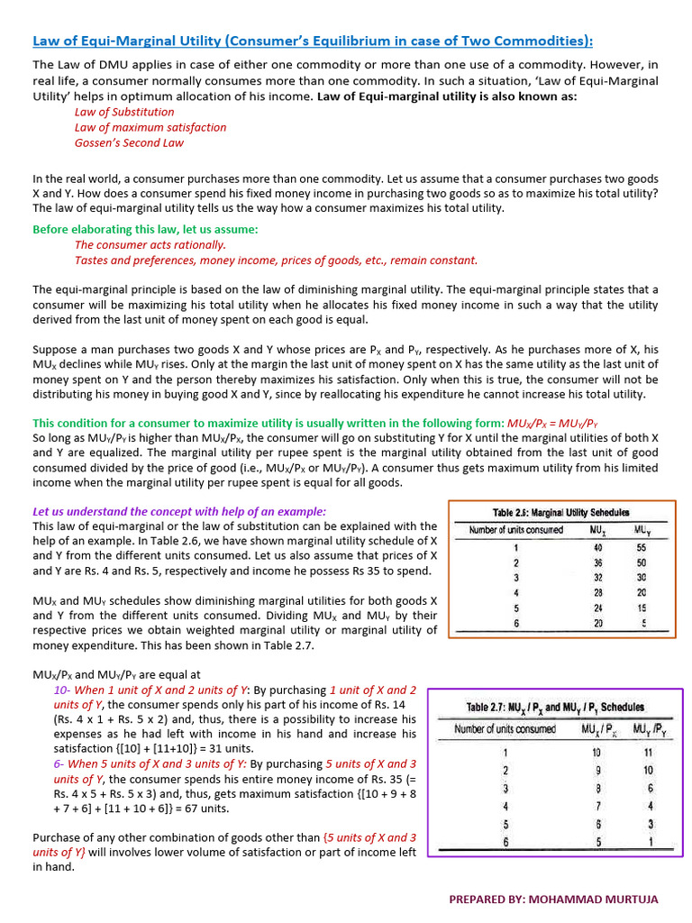 Class 12 Economics Law of Equi Marginal Utility Part 2 | PDF | Utility | Marginal Utility