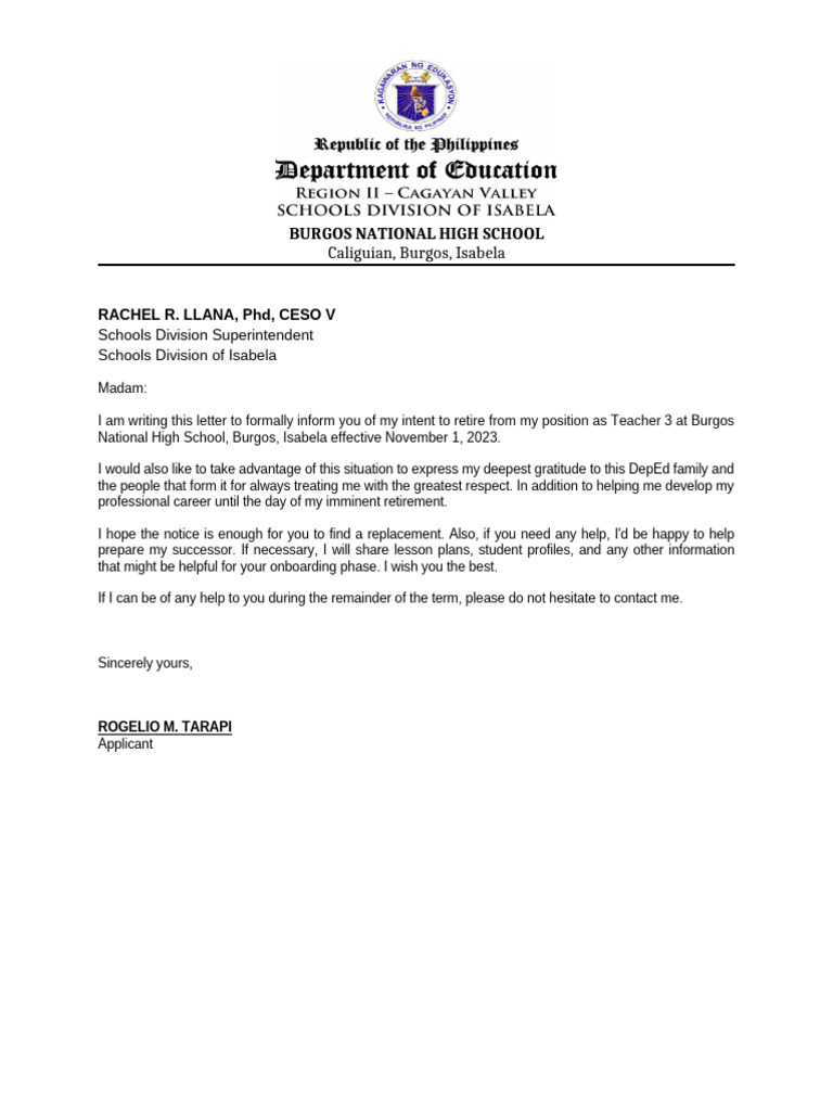 Letter of Intent Retirement | PDF