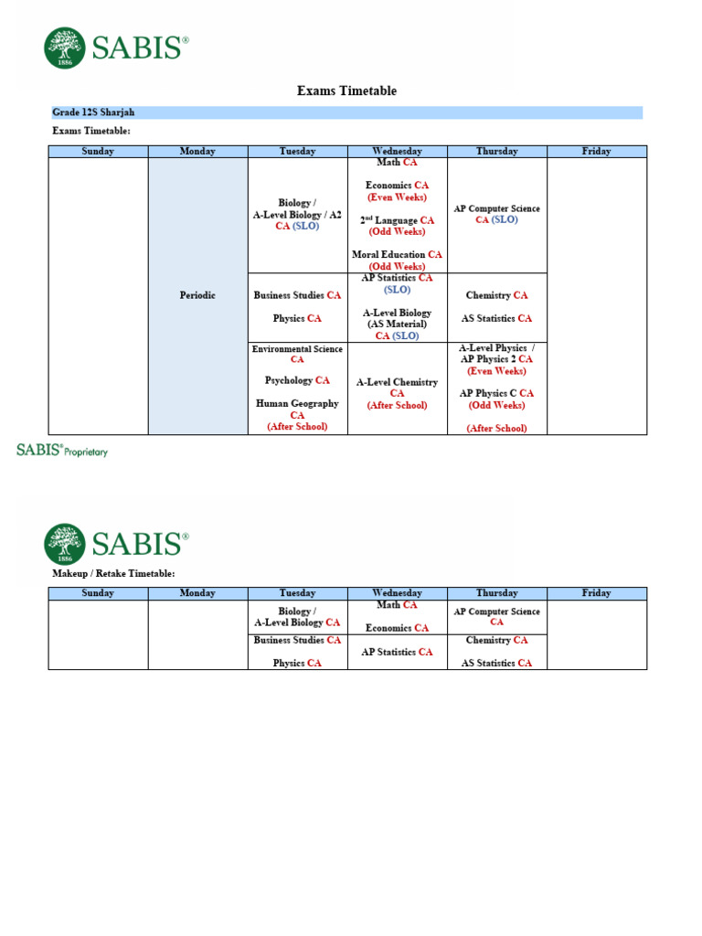 2425 Grade 12S Exams Timetable Sharjah | PDF