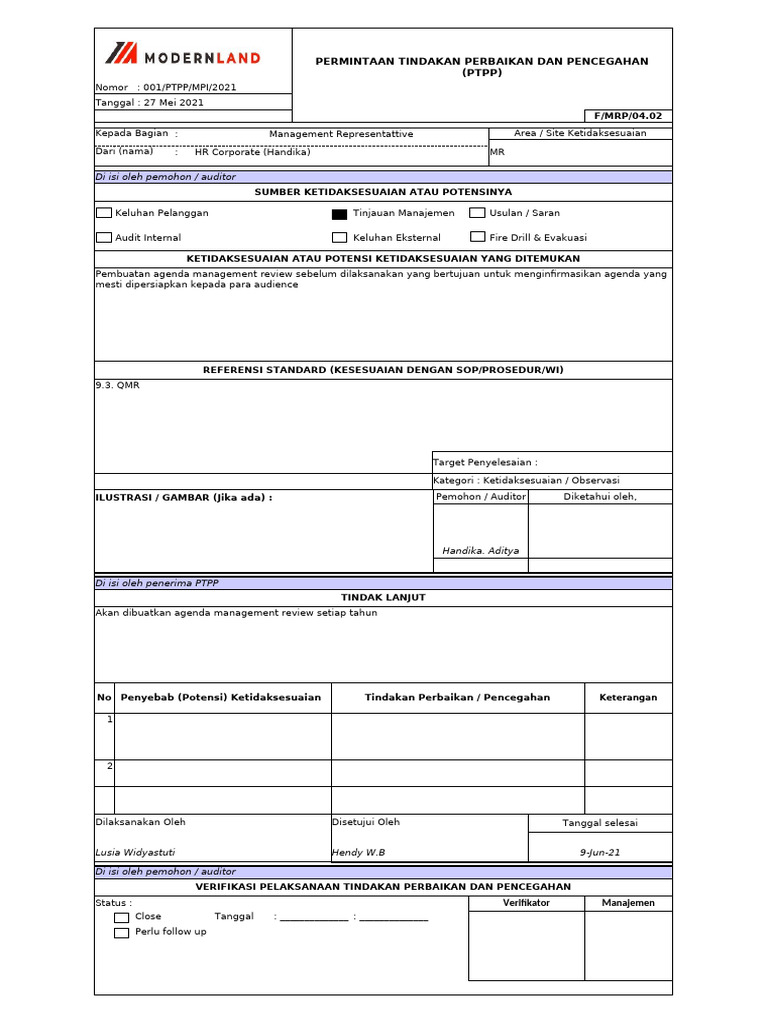 Contoh Form PTPP/ PPKS ISO Kosong | PDF