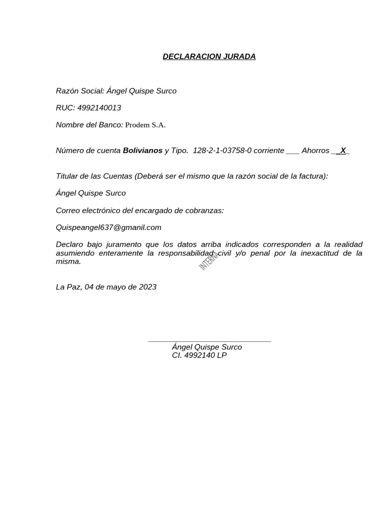 Declaración Jurada de Proveedores - Modelo A | PDF